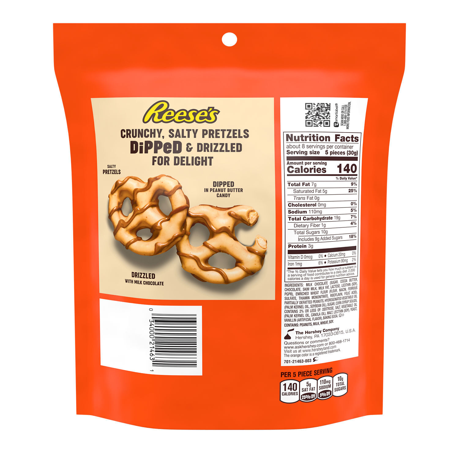 REESES Milk Chocolate Peanut Butter Dipped Pretzels 8.50oz Candy Bag