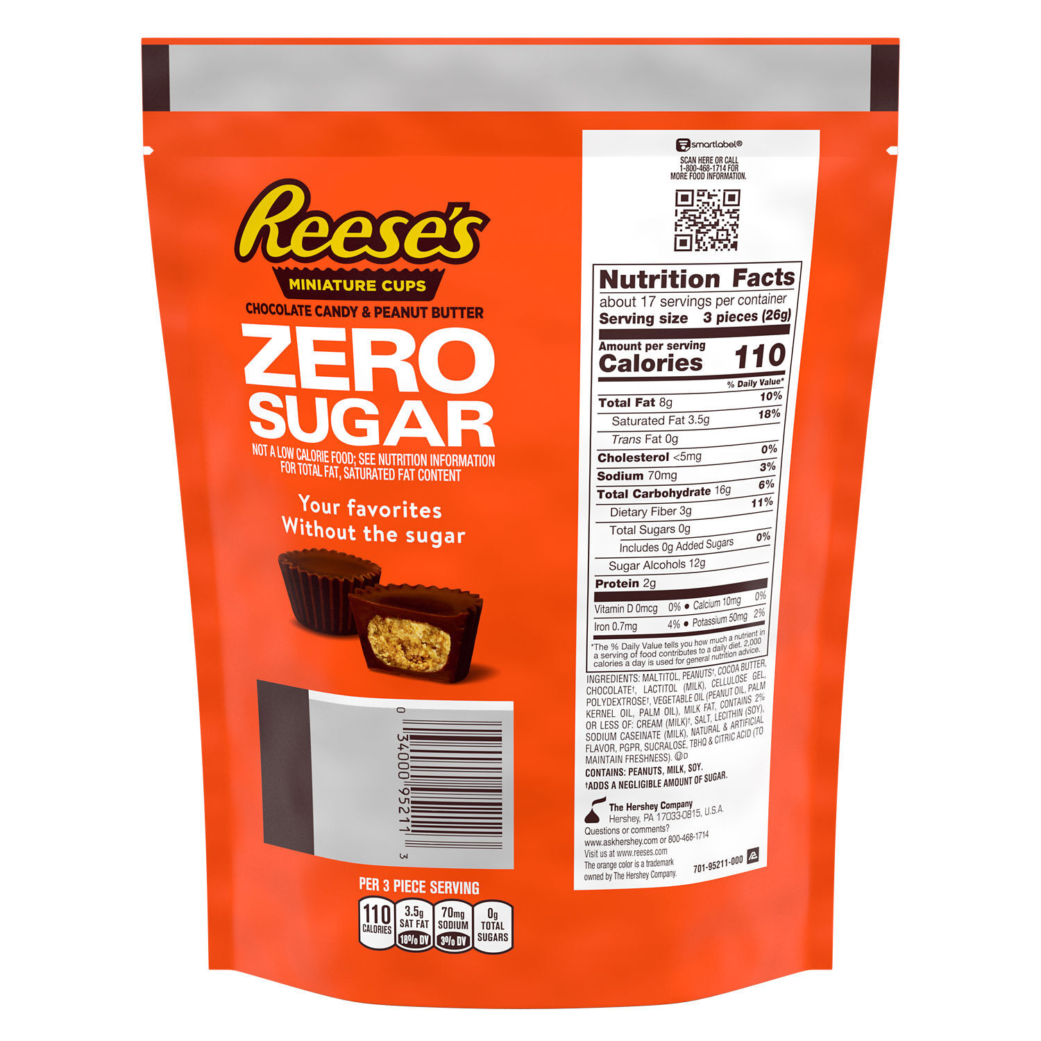 REESE'S Zero Sugar Miniatures Chocolate Peanut Butter Cups Candy Bag ...