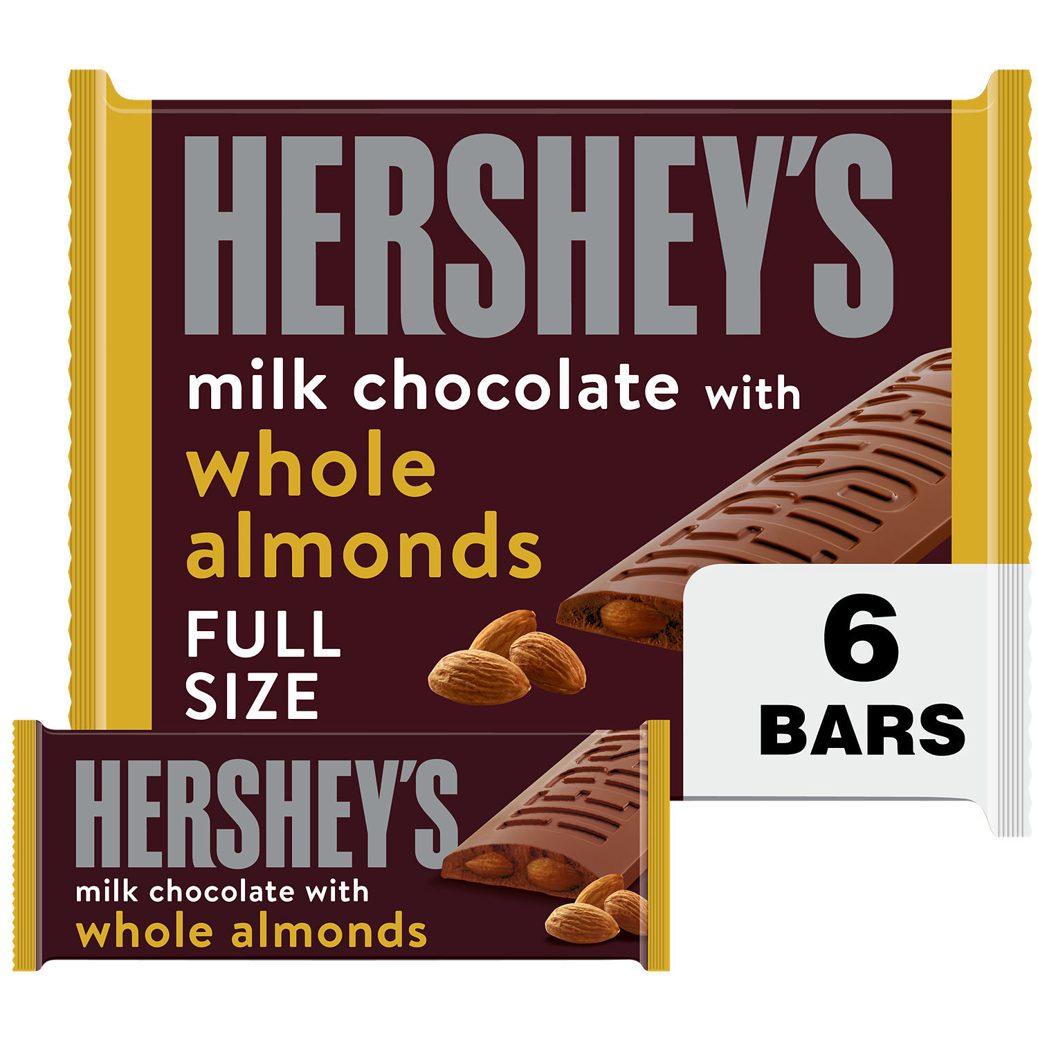 HERSHEY'S Milk Chocolate with Whole Almonds Candy Bars, 1.45 oz (6 Count)