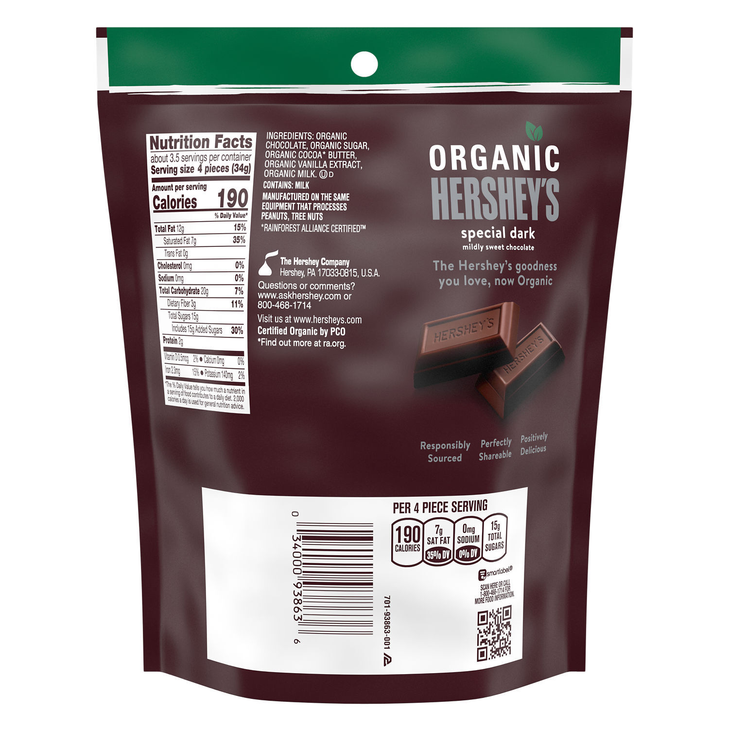 HERSHEY'S ORGANIC Special Dark Chocolate Miniatures 4.2oz Candy Bag