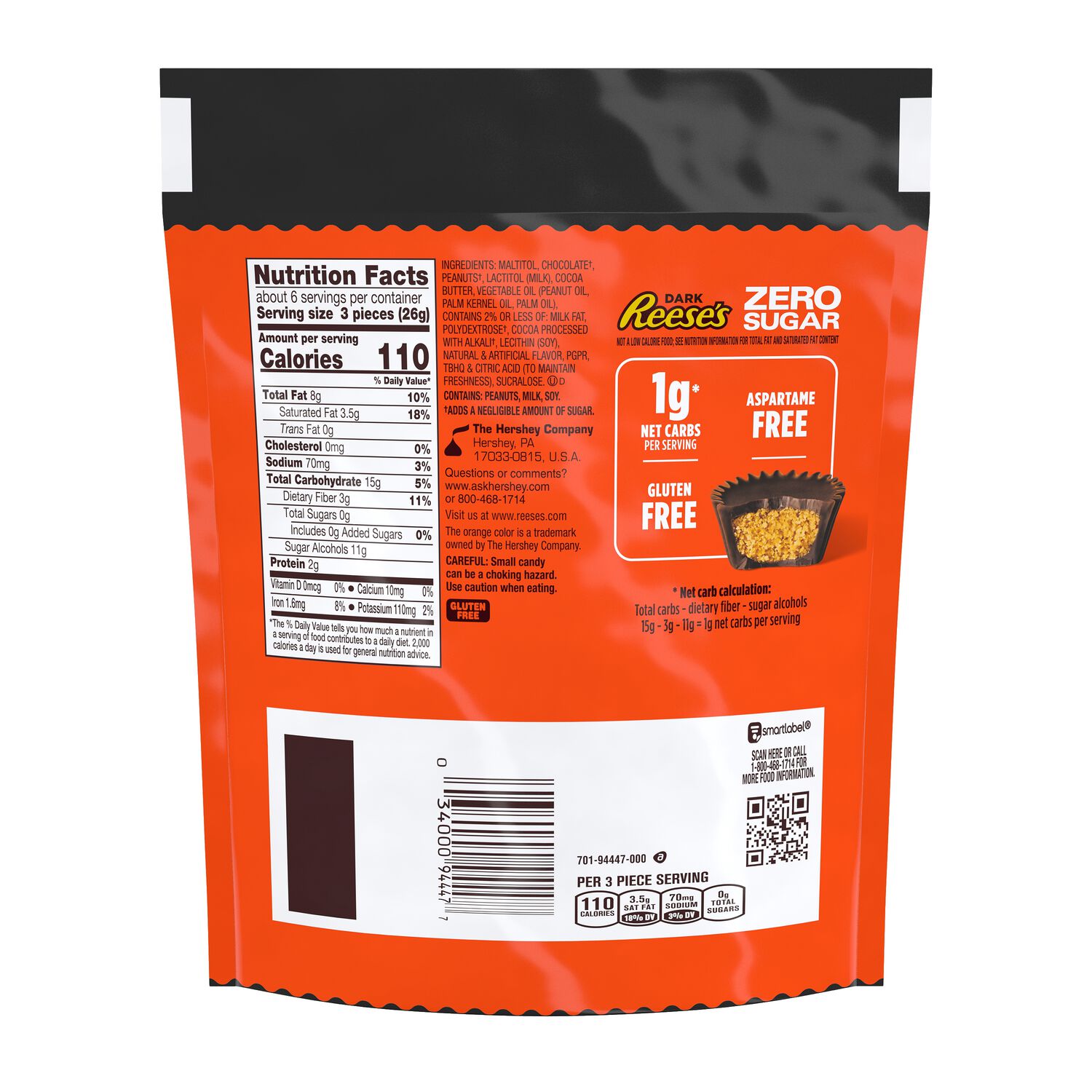 REESE'S Zero Sugar Miniatures Dark Chocolate Peanut Butter Cups Candy ...