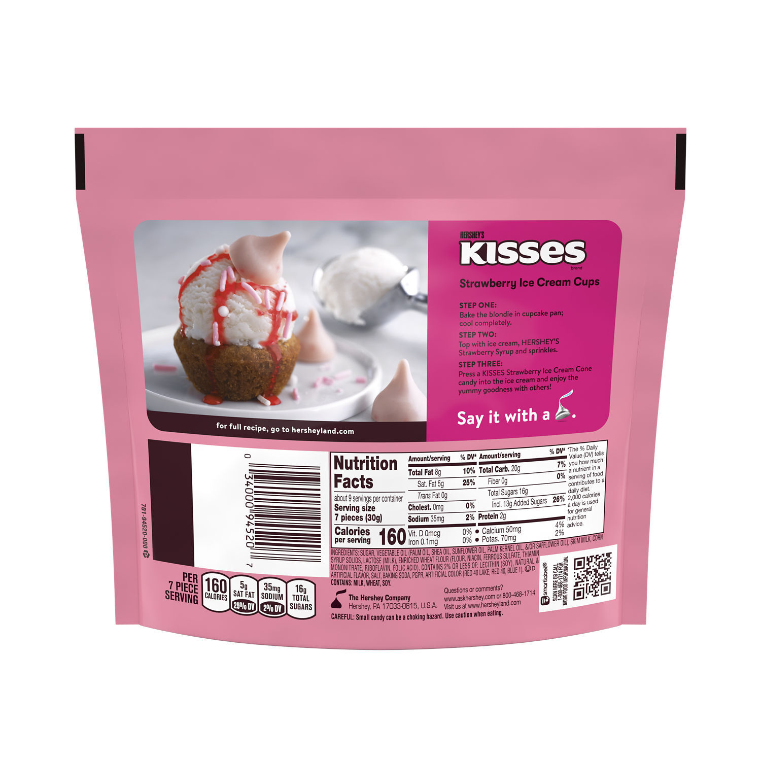 HERSHEY'S KISSES Strawberry Ice Cream Cone Flavored Candy Share Pack, 9 oz